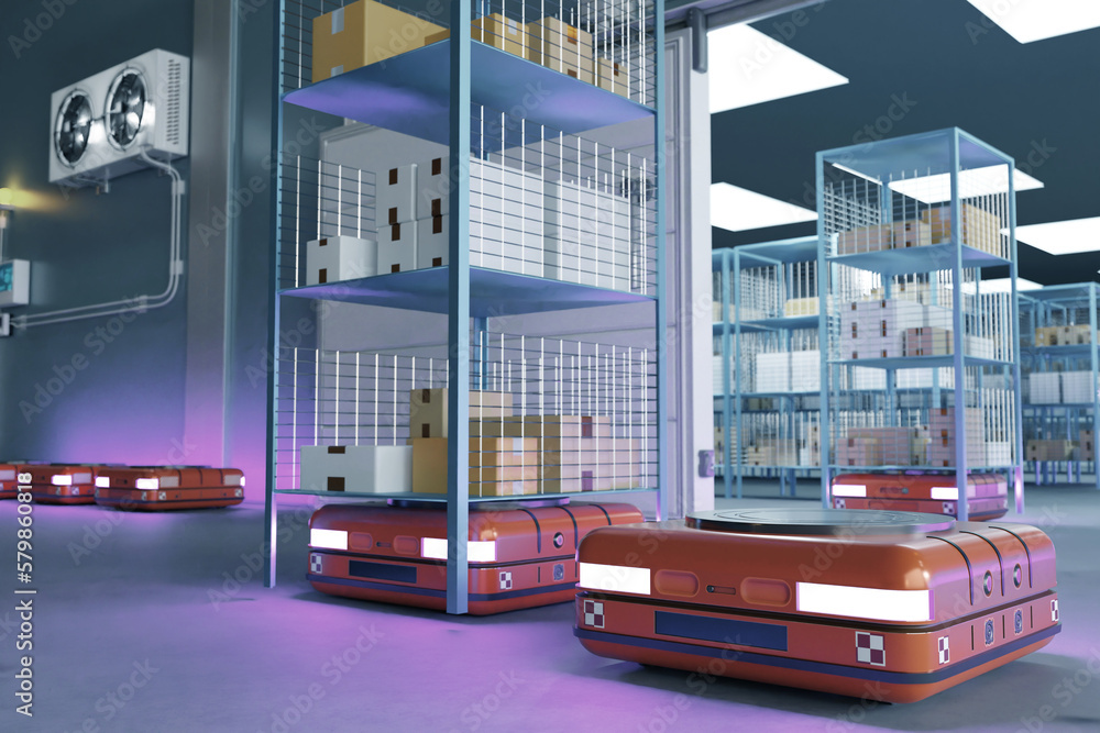 Warehouse robotics. Autonomous mobile robot. AMR technology. Self-driving carts sort goods in ...