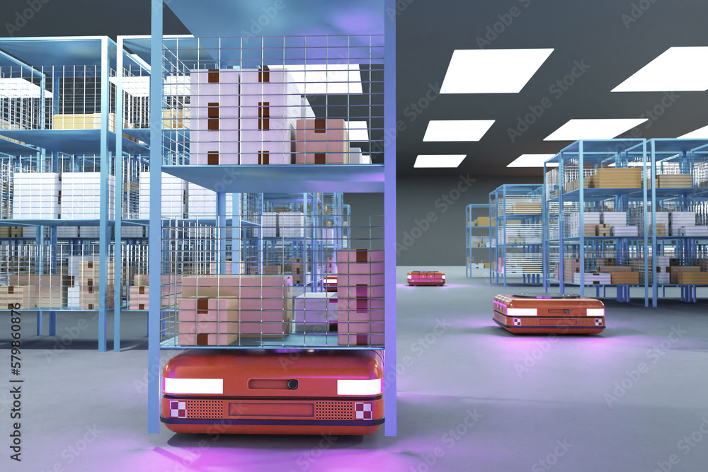 AMR technology. Self-driving carts sort goods in warehouse. Warehouse ...