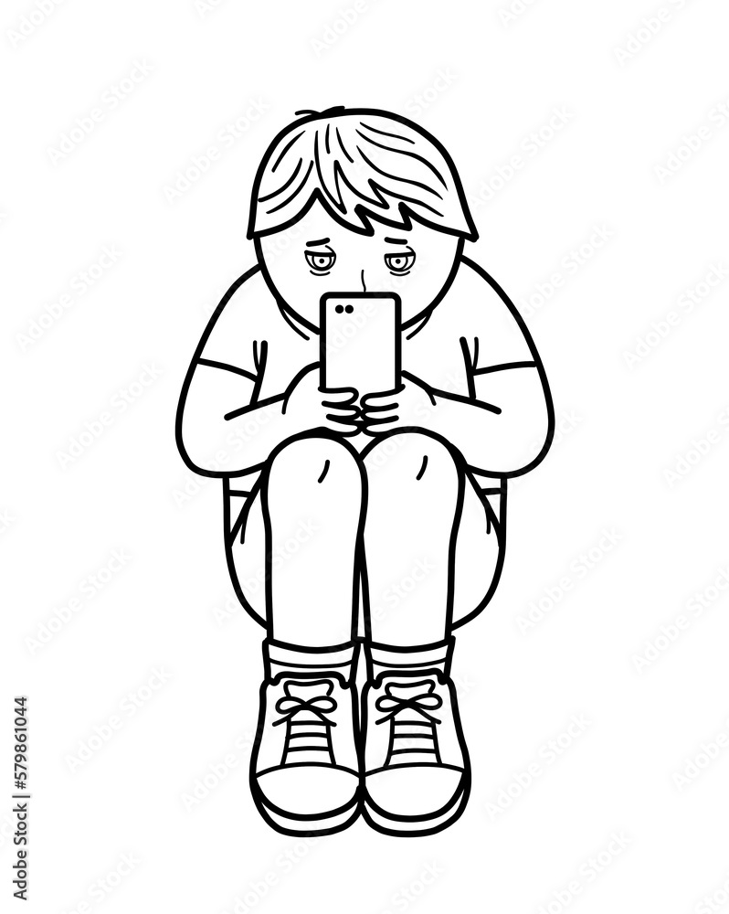 Cell phone addiction, mental health concept. Black and white drawing ...