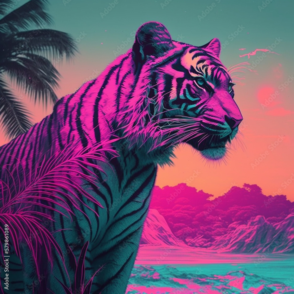 TIGER, MODERN ART, Vaporwave Style, Hyperrealistic Illustration, Insane ...