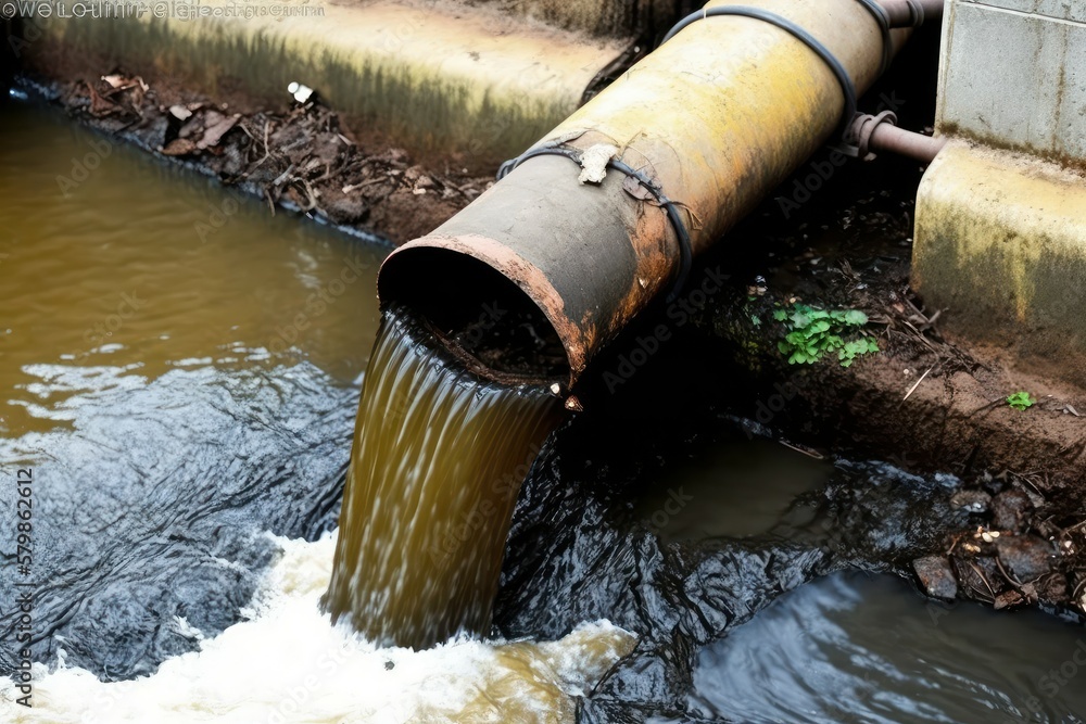 Draining sewage from pipe into river, pollution rivers and ecology. AI ...