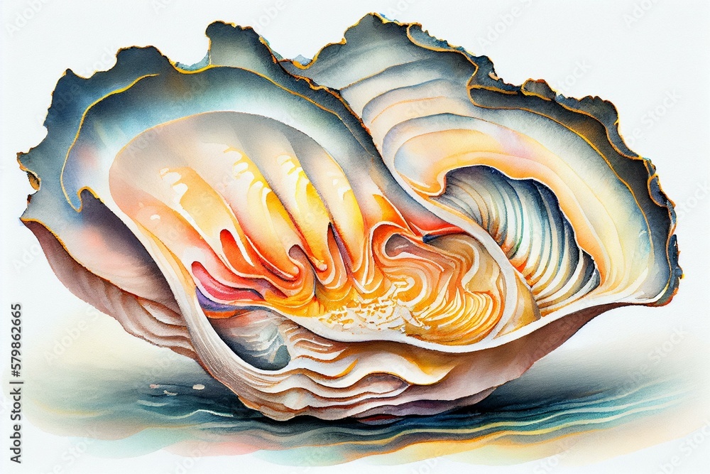 A giant clam with its pearly shell open, watercolor style. Generative ...