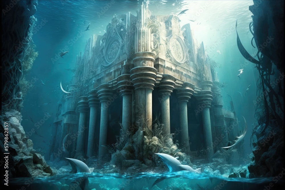Ancient Atlantis town building remainings underwater on ocean bottom ...