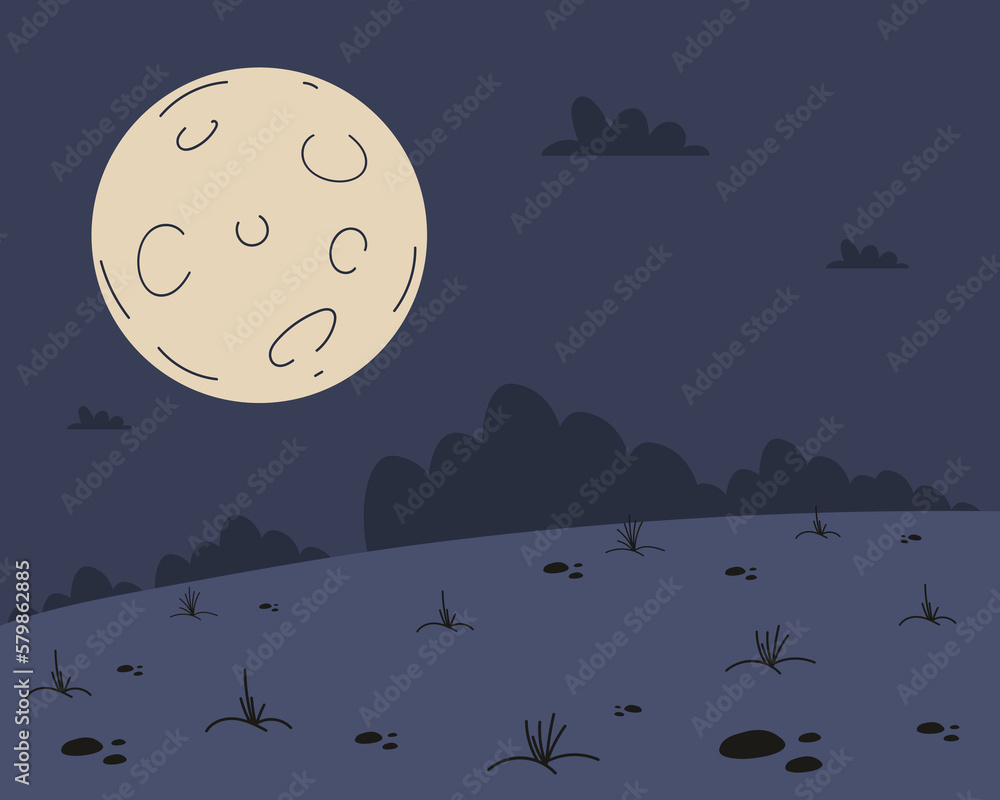 Night landscape with full moon. Flat cartoon background. Stock vector ...
