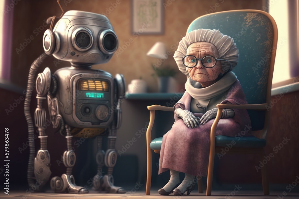 Future of geriatric care with robots in retirement home. AI generated ...