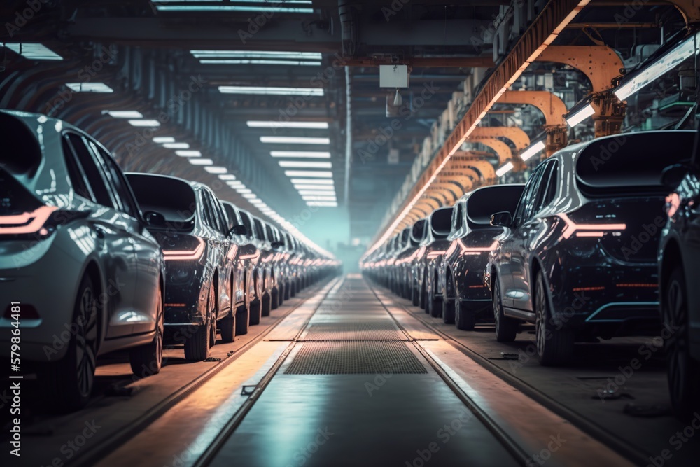 Car factory with assembly lines and rows of shiny new vehicles waiting ...