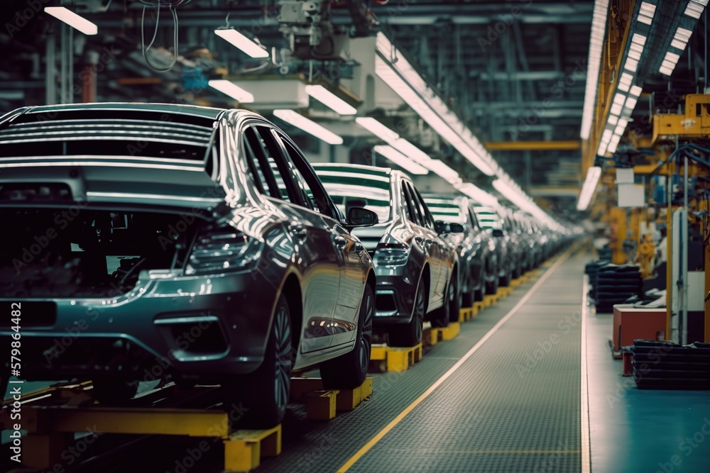 Car factory with assembly lines and rows of shiny new vehicles waiting ...