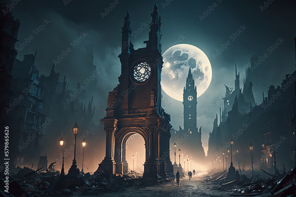 post-apocalyptic London at night. The ruins of the Golden Eye and Big ...