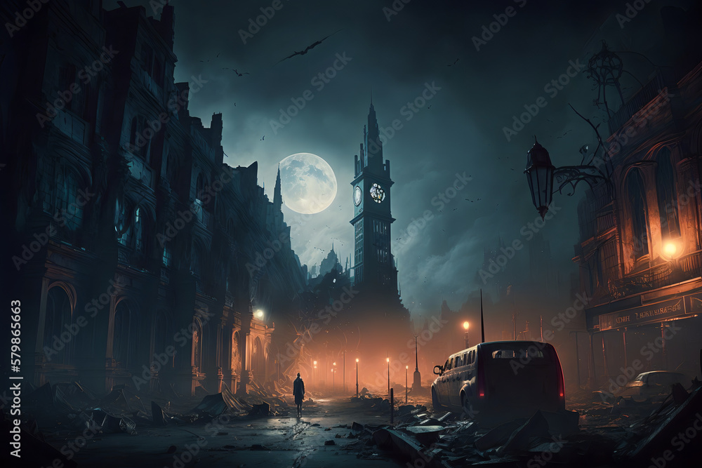 post-apocalyptic London at night. The ruins of the Golden Eye and Big ...