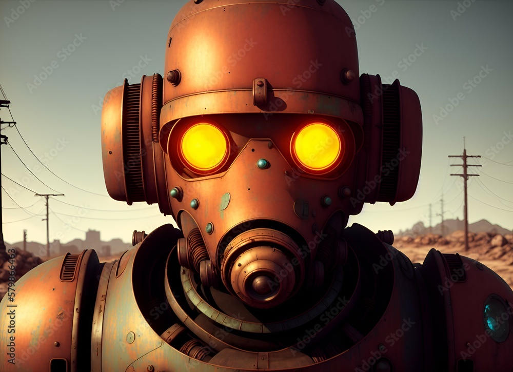 evil post-apocalyptic robot, atompunk soldier in a power armor, glowing ...