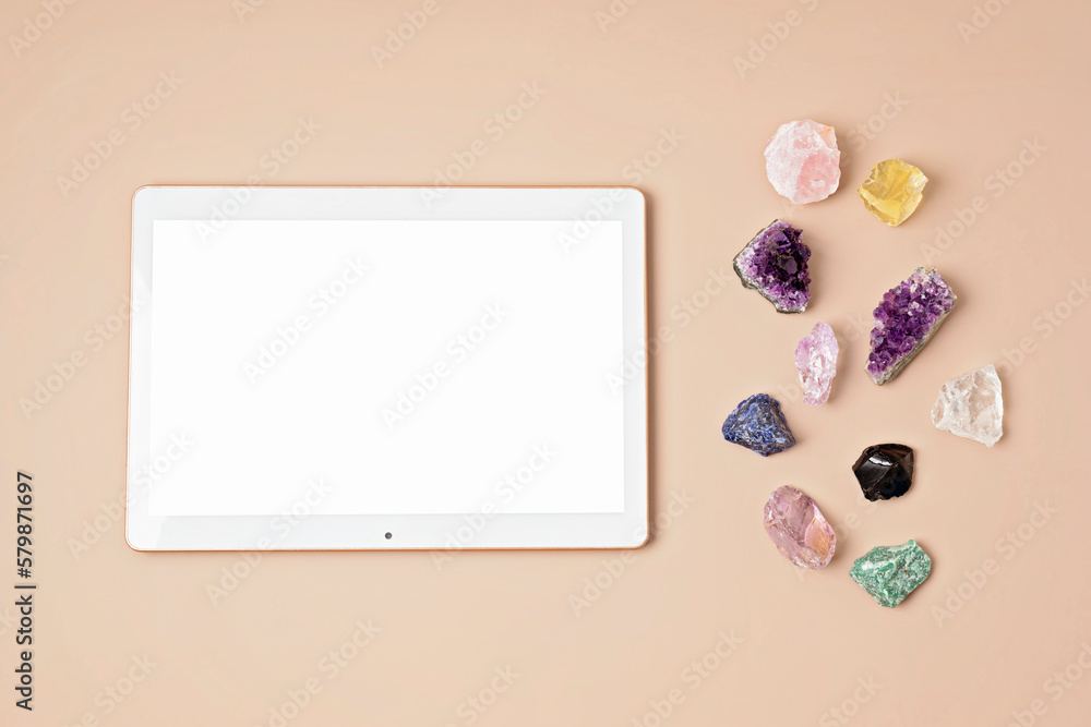 Healing chakra crystals and tablet mockup. Online application for ...