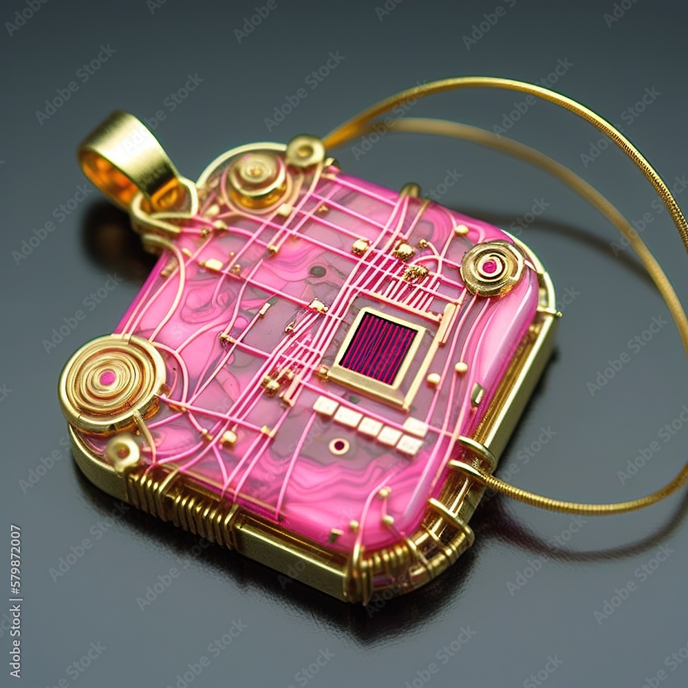 Pendant made of a pink circuit board piece with gold wire wrapping ...
