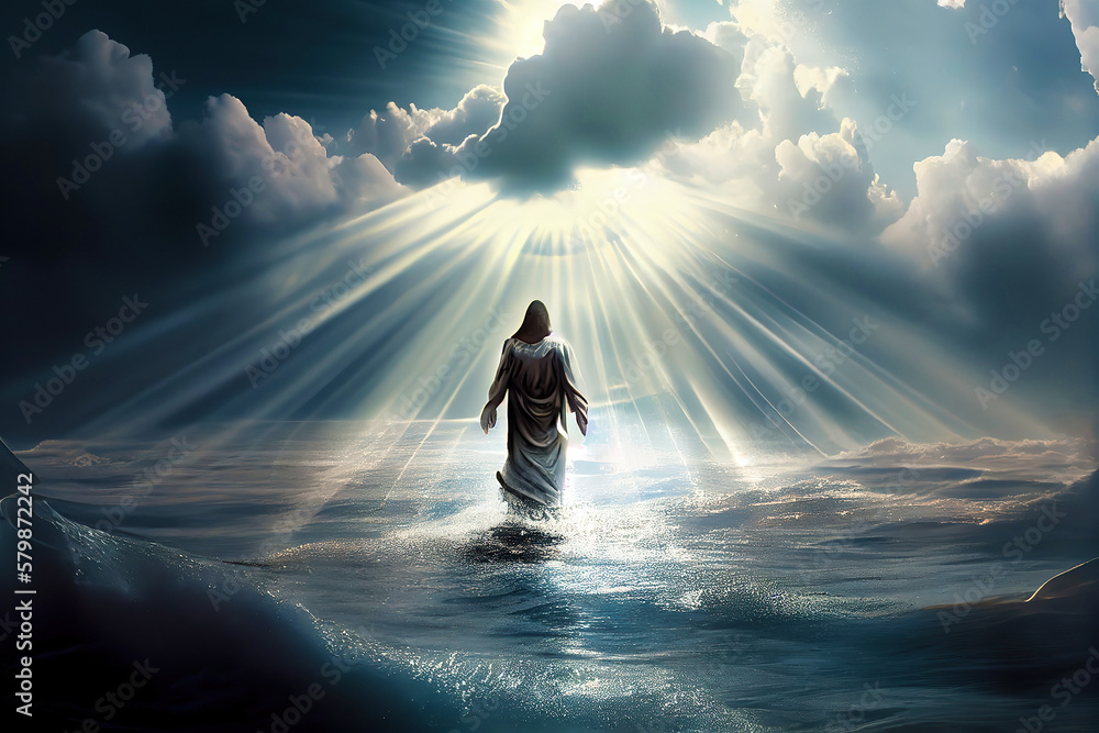 Jesus Christ walking on water on the sea of Galilee, with beams of ...