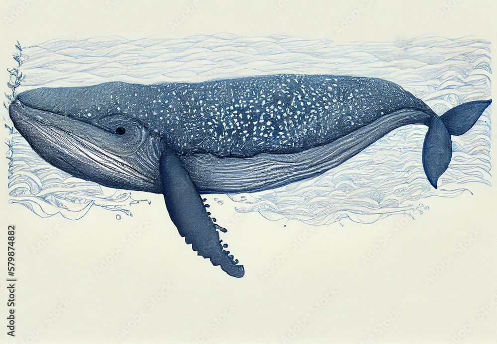 blue pen style illustration of a whale. art. illustration, drawing ...