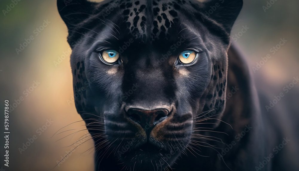 Beautiful black panther extreme close up portrait. Looking straight in ...