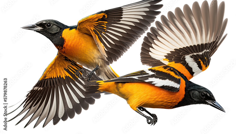 a spring-themed photographic illustration of an isolated orange oriole ...