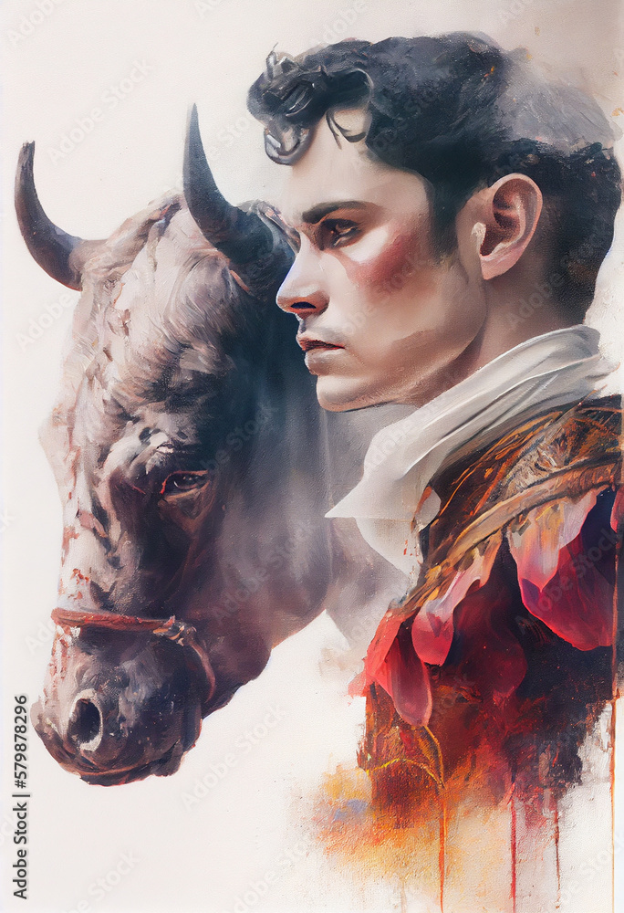 Oil painting of a typical Spanish bullfighter with a majestic fighting ...