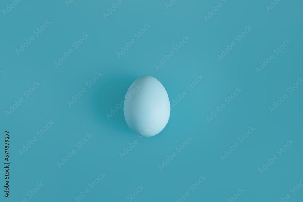 White egg on a light blue background in the center. Background concept ...
