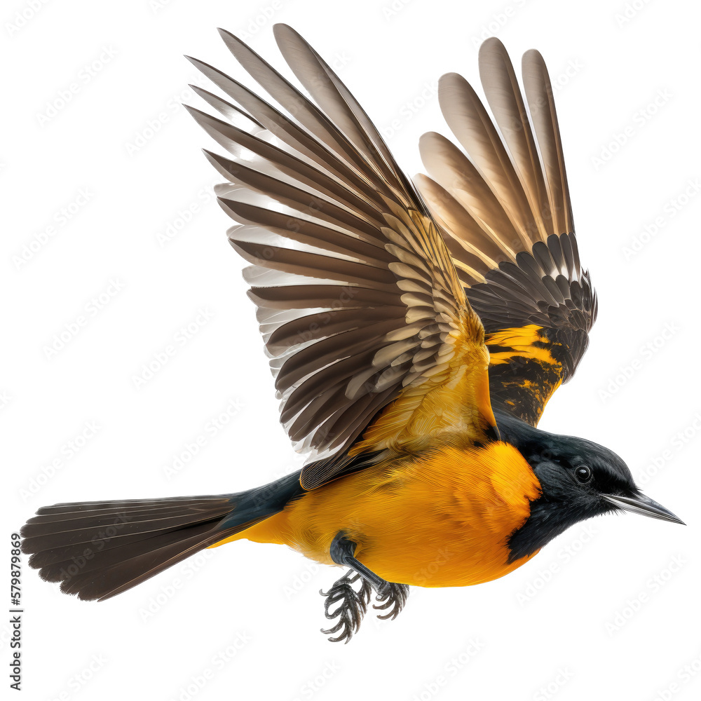 a spring-themed photographic illustration of an isolated orange oriole ...