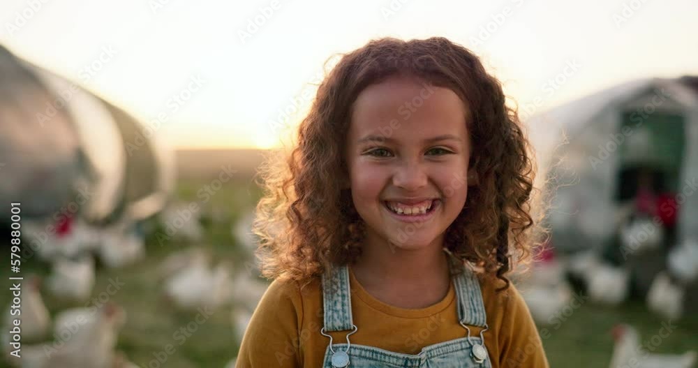 Video „Excited, portrait and girl on a farm with chicken and learning ...