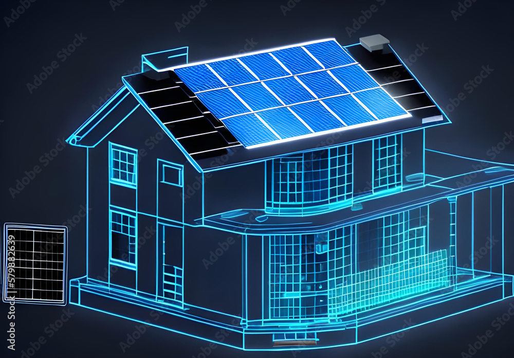 Smart house with solar panels, sketch in 3D with infographics in blue ...