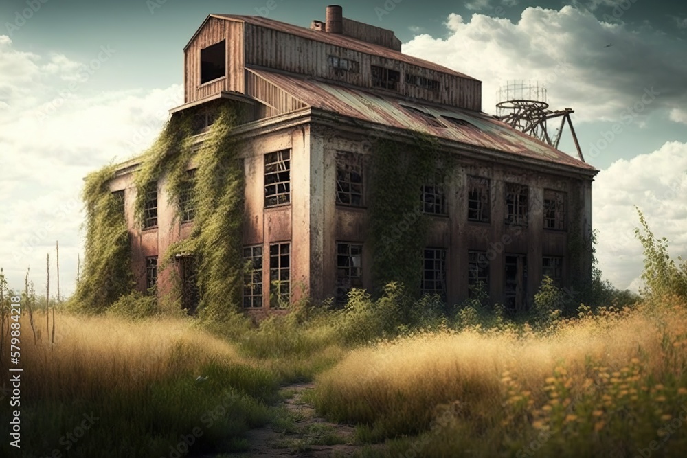 Abandoned factory with a rusted metal roof and broken windows ...