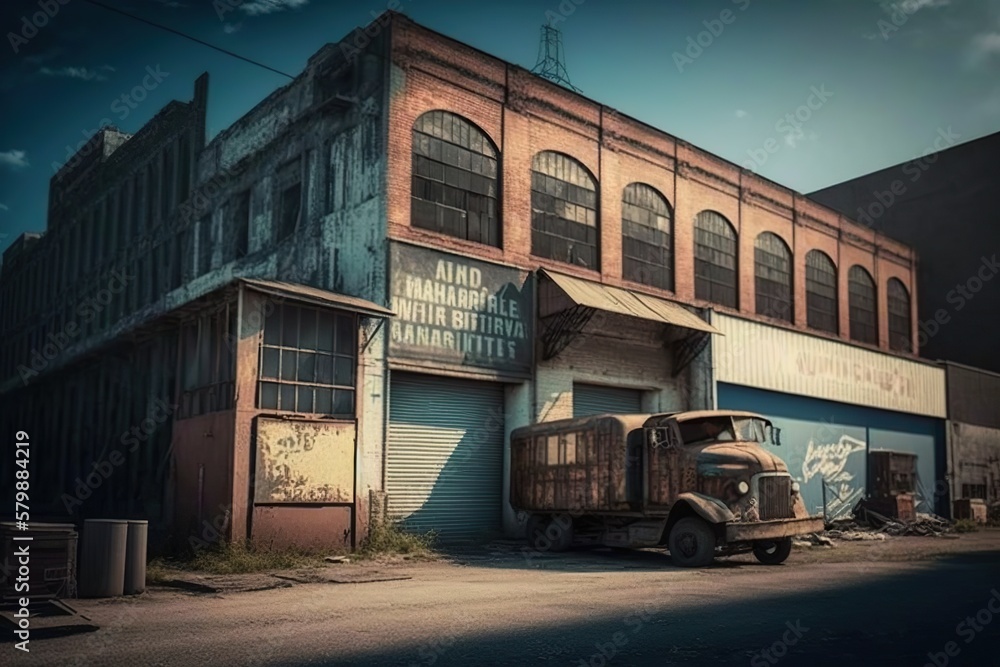 Abandoned warehouse district with old loading docks faded signage and ...