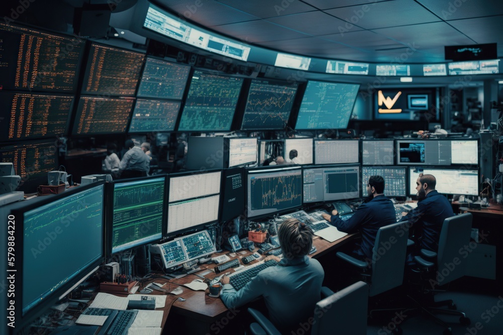 Bustling trading floor with multiple monitors displaying real - time ...