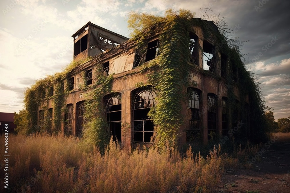 Abandoned factory with a rusted metal roof and broken windows ...