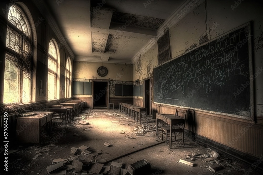 Abandoned school with a chalkboard covered in graffiti broken desks and ...