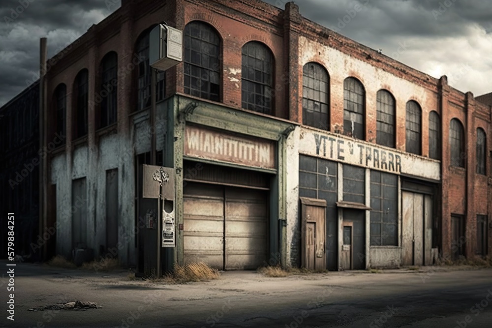 Abandoned warehouse district with old loading docks faded signage and ...