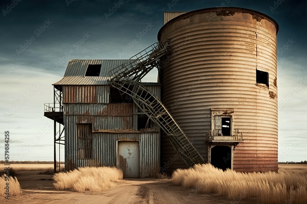 An abandoned grain silo with weathered metal siding a rusty ladder and ...