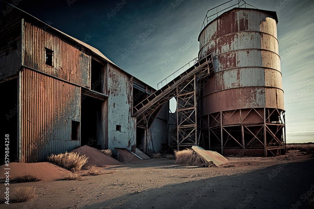 An abandoned grain silo with weathered metal siding a rusty ladder and ...