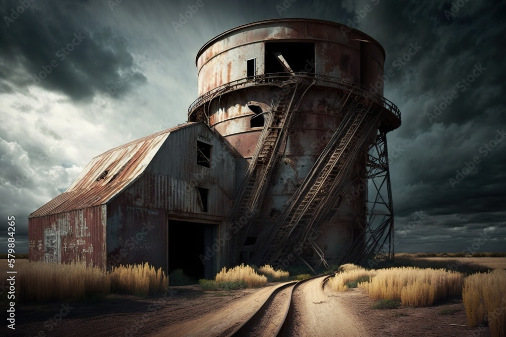 An abandoned grain silo with weathered metal siding a rusty ladder and ...