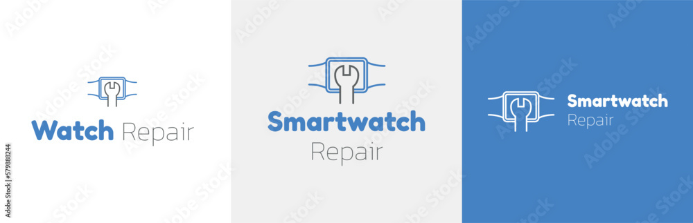 Smartwatch repair business logo design set, clock maker modern logotype ...