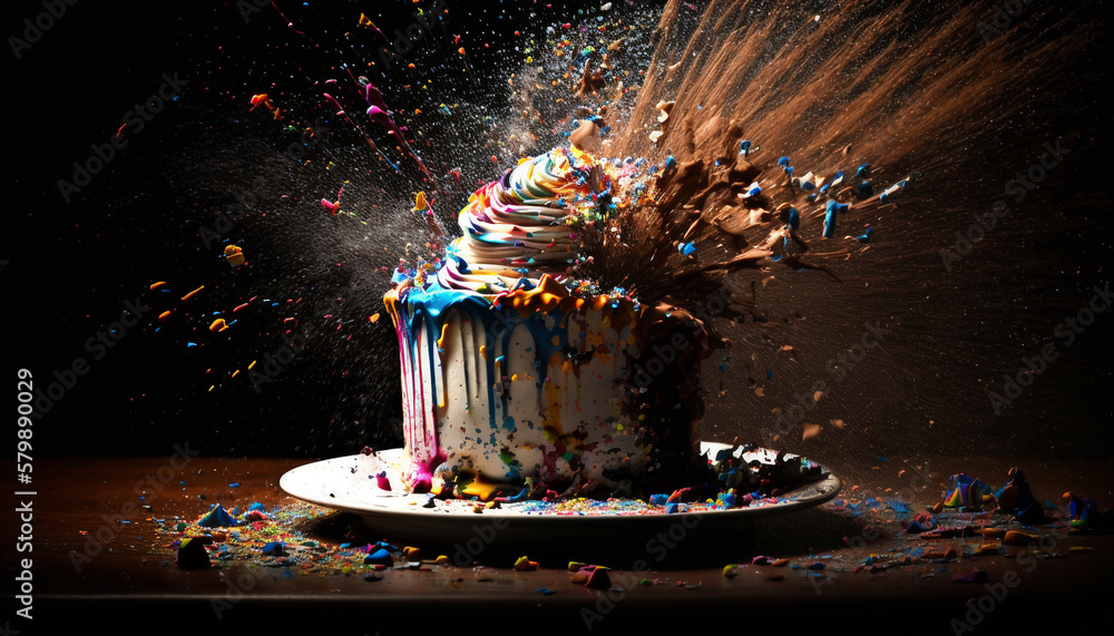 Birthday cake explosion in a frenzy of colors and light, capturing ...