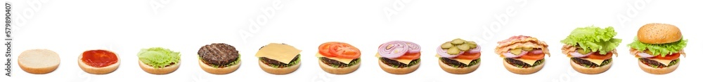 Step by step burger making on white background. Collage design Stock ...