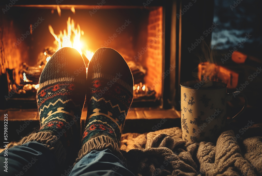 Young romantic couple sitting on sofa in front of fireplace, Warming ...