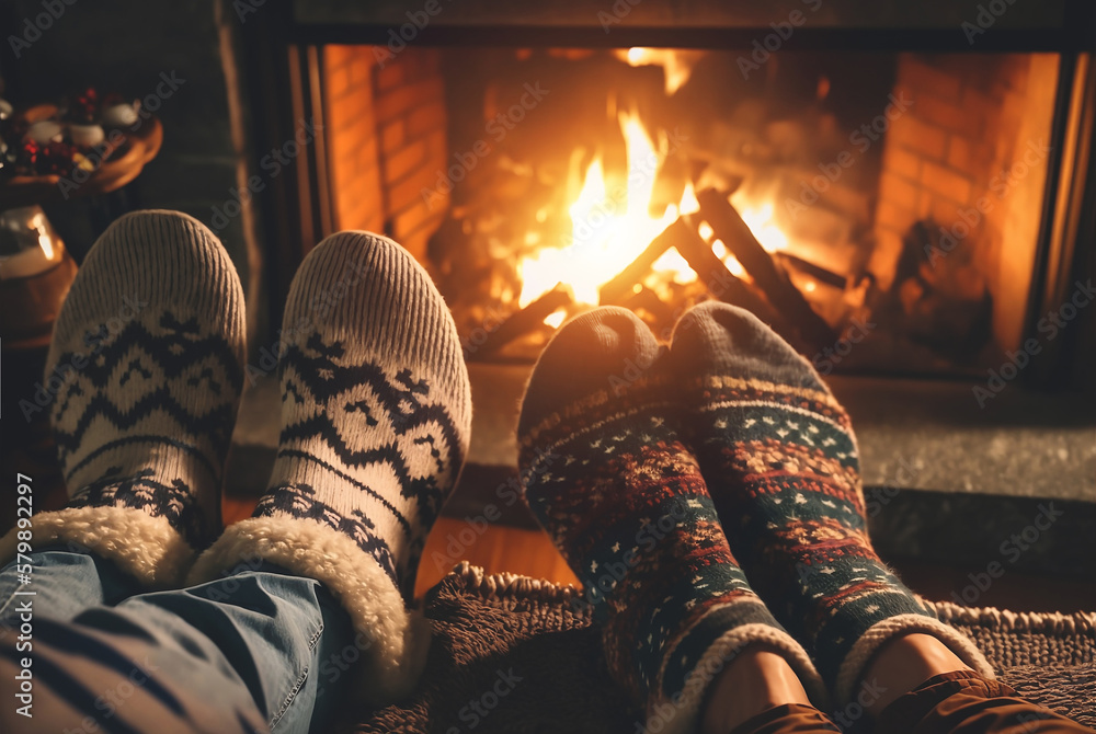 Young romantic couple sitting on sofa in front of fireplace, Warming ...