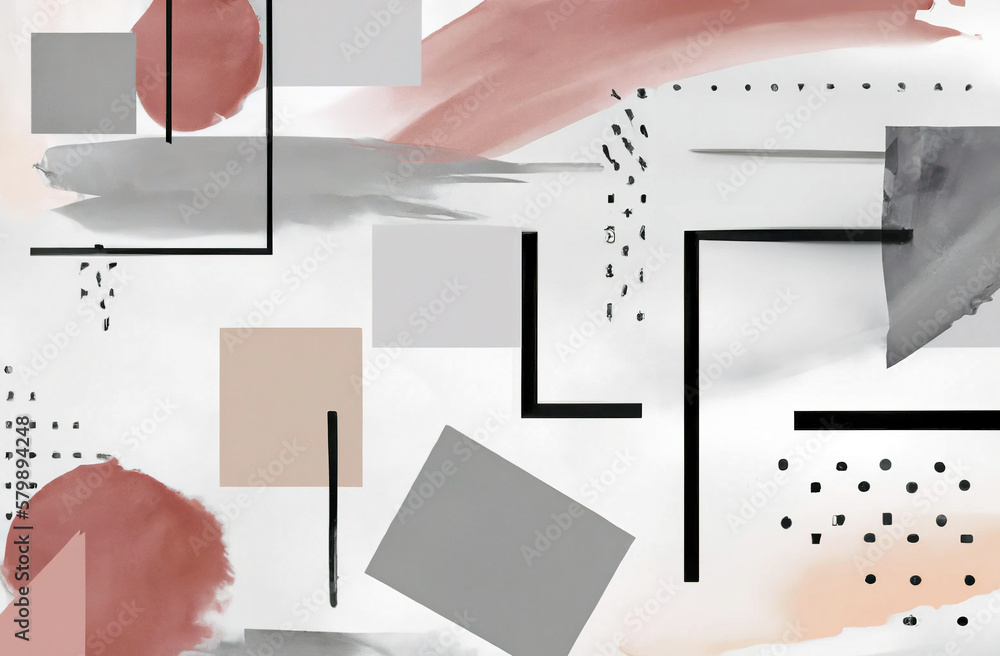 Geometric abstraction watercolor background with sparse squares, circles, dots and L-shapes in a ...
