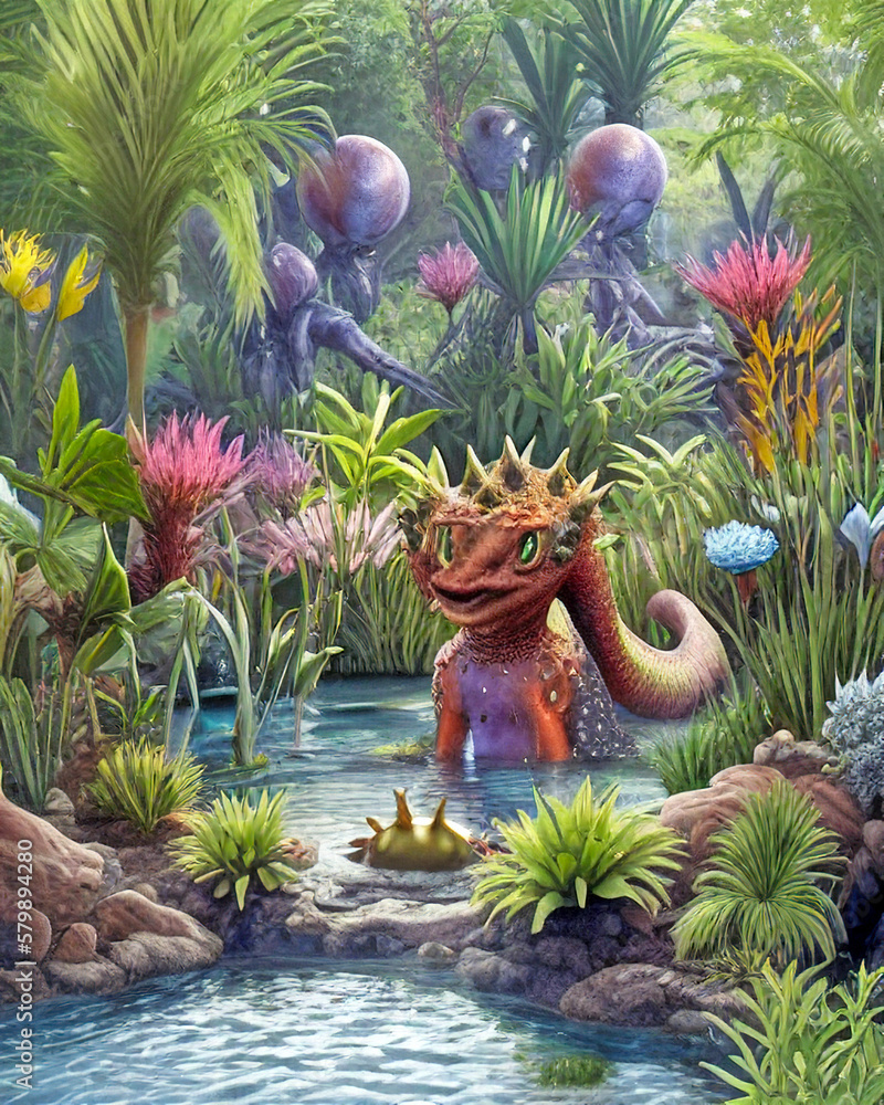Watering hole on an alien planet with a strange spiky animal creature ...