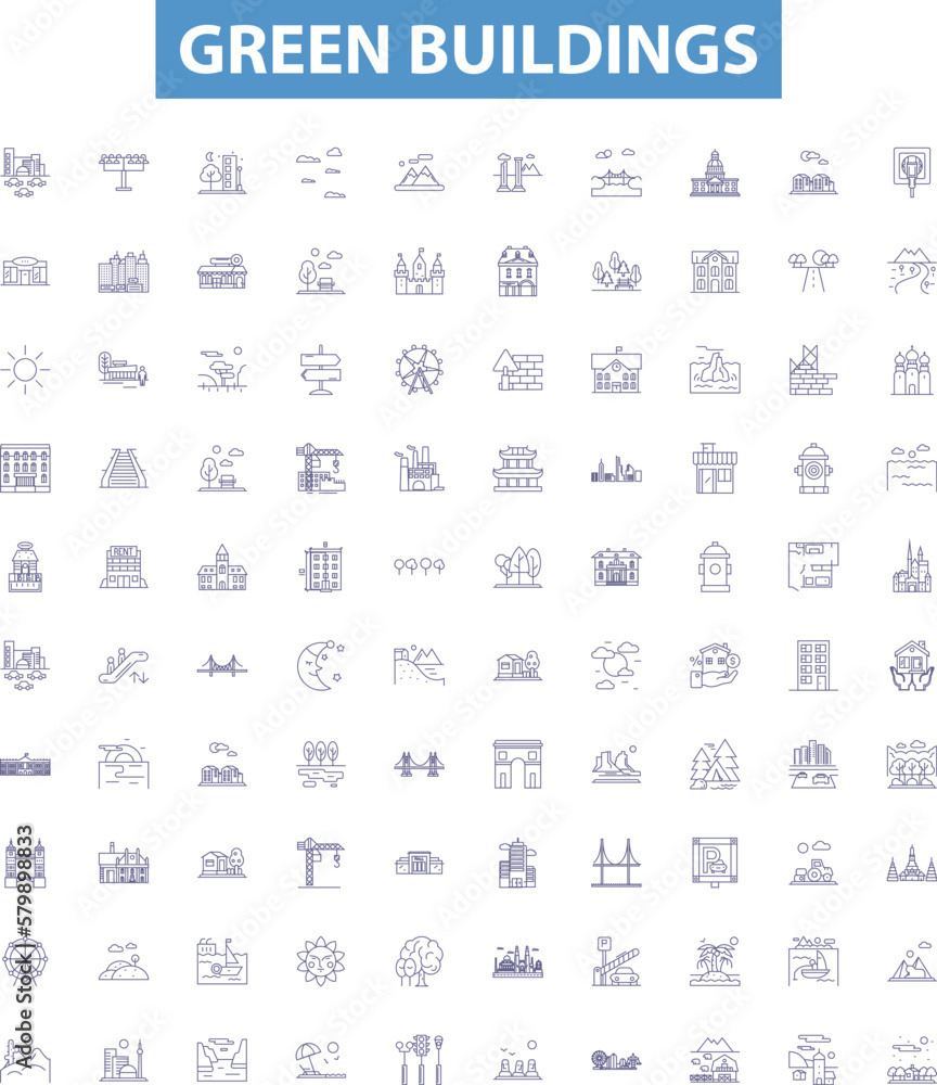 Green buildings line icons, signs set. Ecological, Sustainable ...