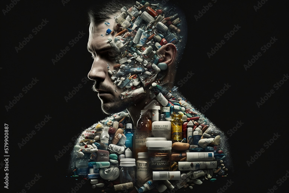 Drug addicted man, body full of meicine and pills with anxious looking ...