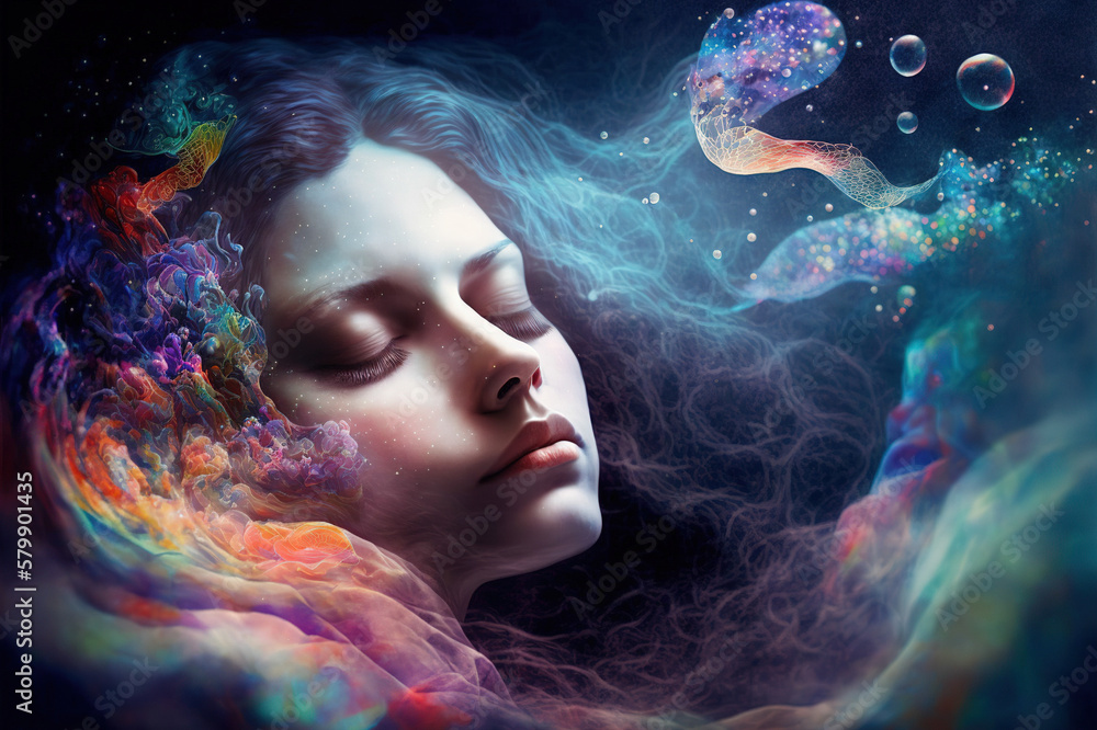 Abstract woman dream decorated by harmony and endless colors of star in ...