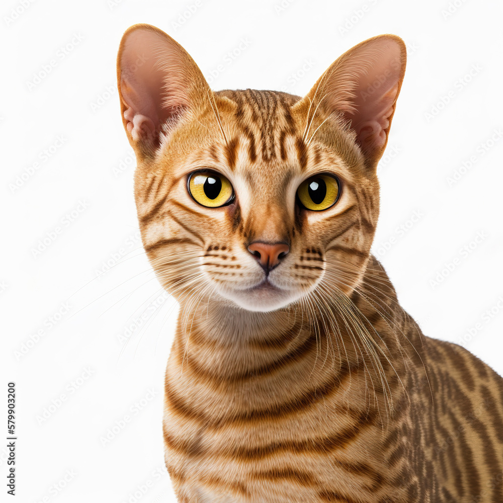 Adorable ocicat cat portrait looking at camera on white isolated ...