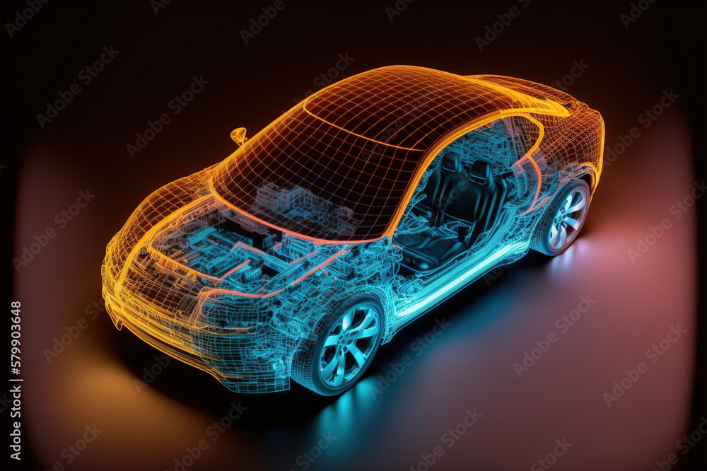 Virtual simulation of future electric car showing wireframe prototype ...
