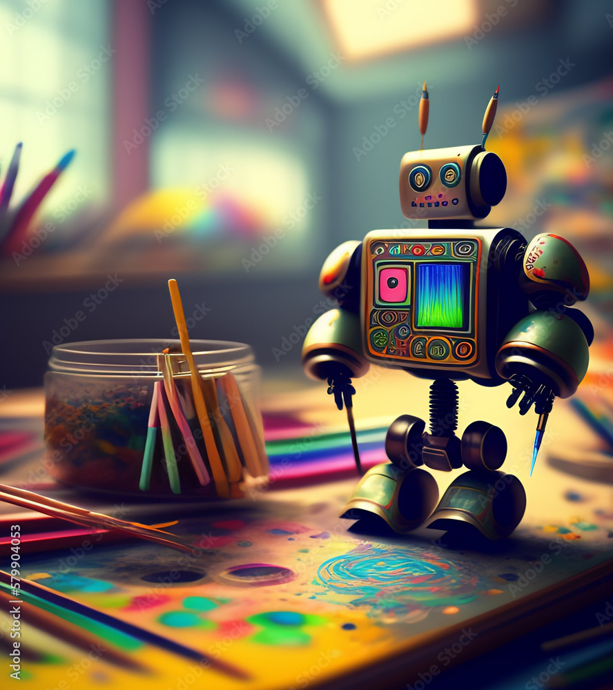 ILUSTRACIÓN DE PEQUEÑO ROBOT, EN TALLER DE PINTURA DIBUJANDO Y PINTADO ...