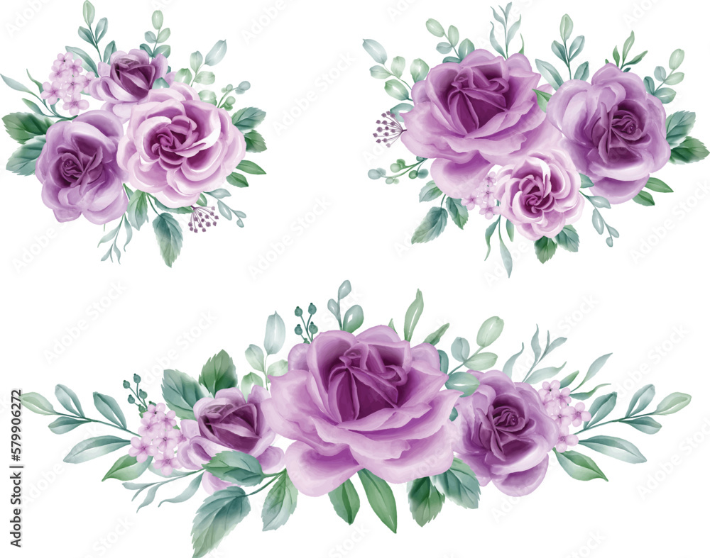Purple Rose Watercolor floral arrangement bouquet. Luxurious floral ...