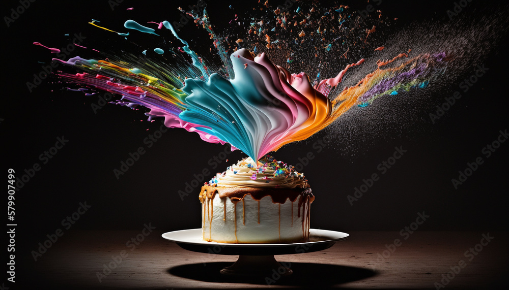 Birthday Cake Flying in Motion with Bold Colors and Dynamic Textures ...