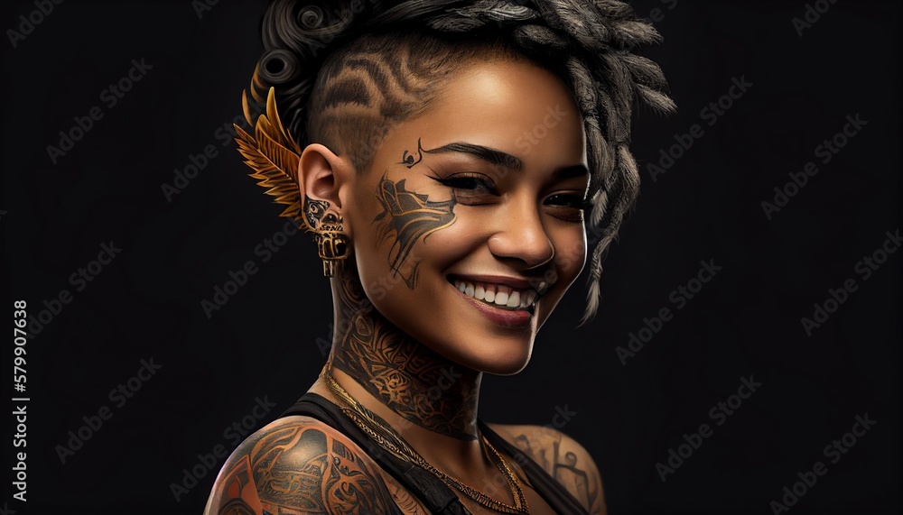 half-body hyper-realistic snapshot, smiling portrait of a tattooed ...